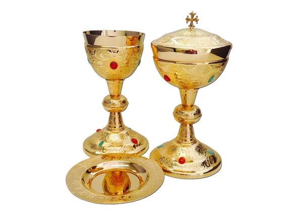 Cáliz de metal con baño de oro y piedras incrustadas - Brabander.es